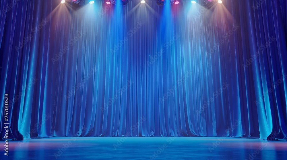 This modern realistic illustration depicts a concert hall with a blue ...