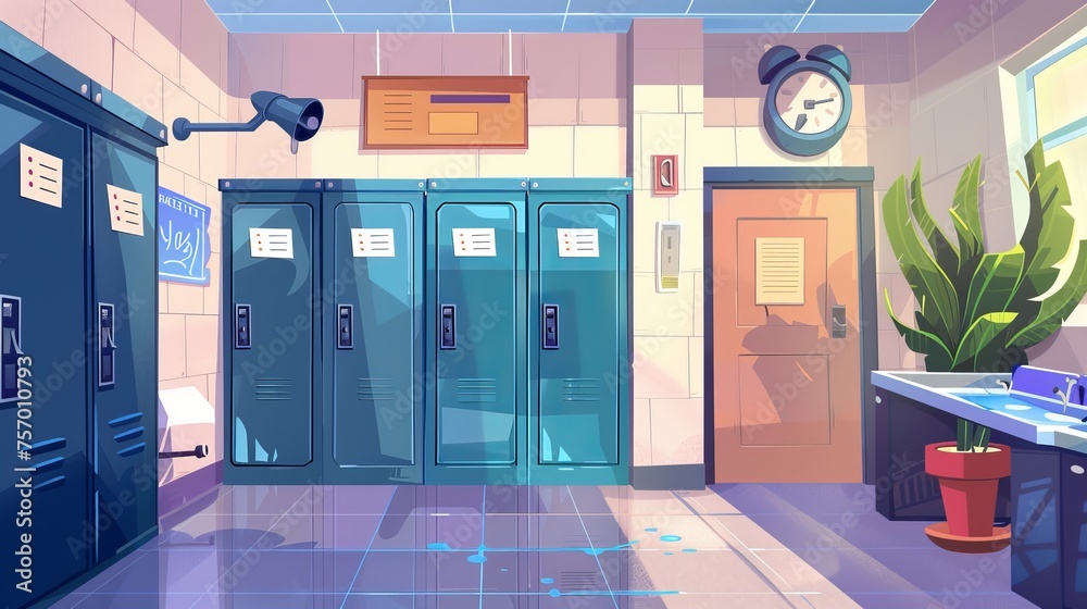 Set of cartoon school hallway and corridor elements - lockers with ...