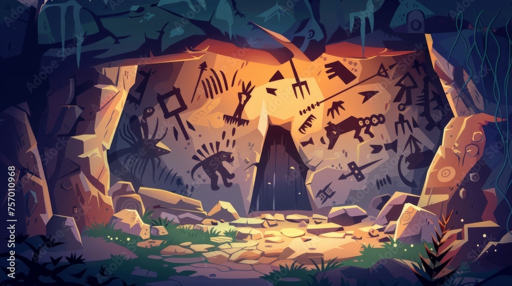 Dark underground rock cavern with ancient primitive drawings of life ...