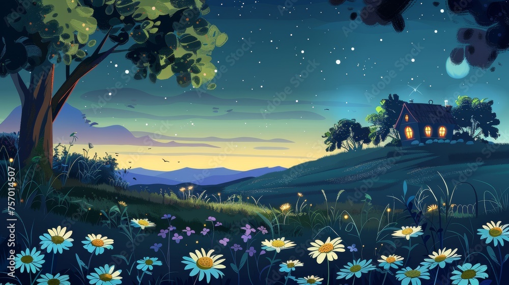 At night, a field landscape with daisy flowers, a firefly and light ...