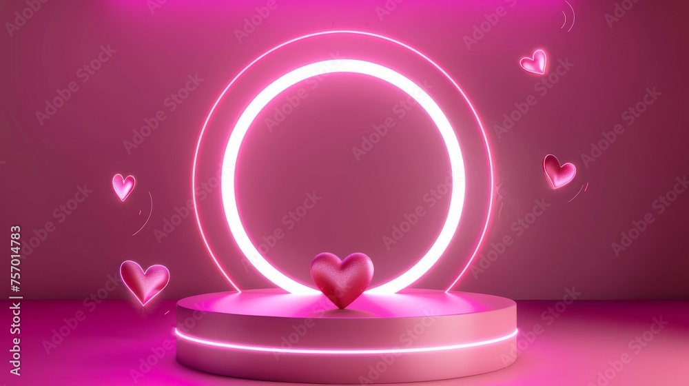 Heart-shaped product podium with neon circle glowing and floating love ...