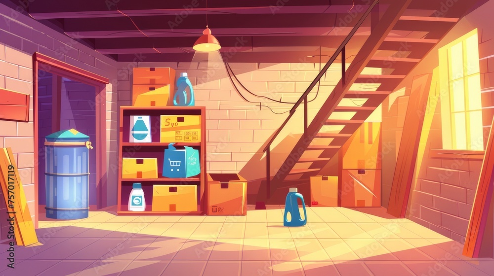 House basement room interior with storage cardboard boxes, housekeeping ...