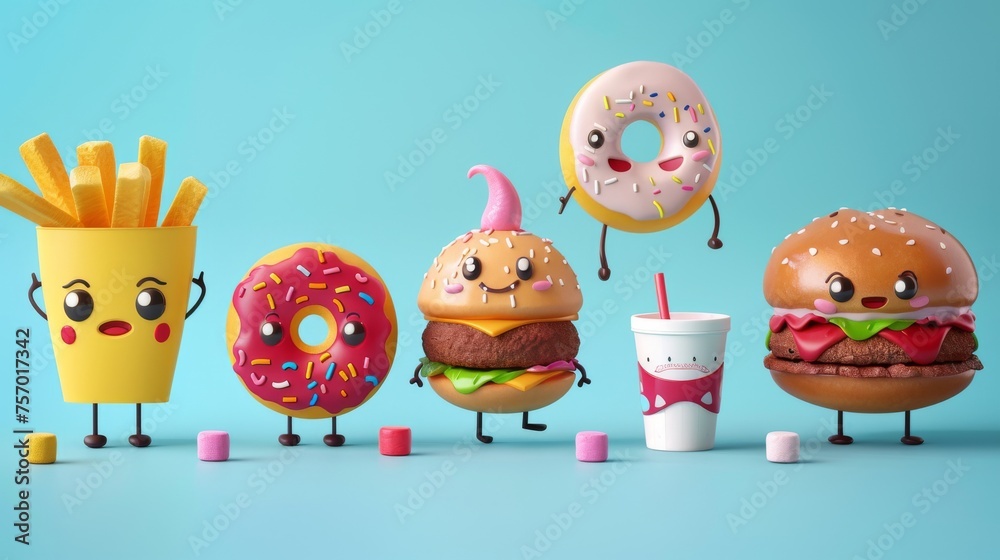 Fun retro cartoon character set with cute faces. Fast food mascots with ...