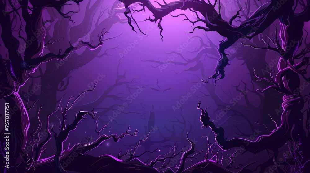 Scary creepy magic jungle purple border illustration set of creepy dry ...