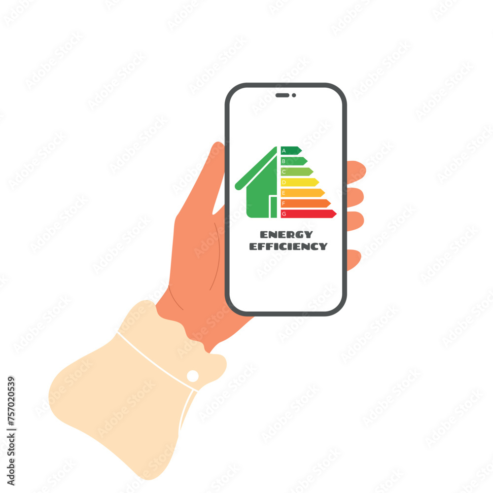 Hand holding phone with classification of house energy efficiency ...