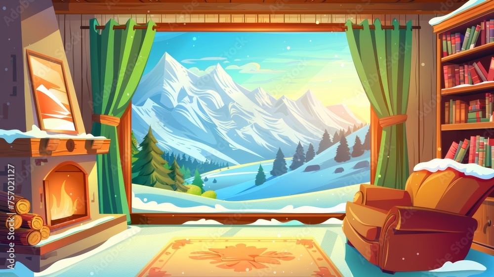 Stylish village cabin interior with a snowy landscape outside the ...