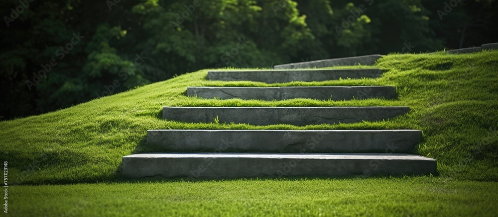 A row of concrete steps ascends to a grassy hill, surrounded by shrubs ...