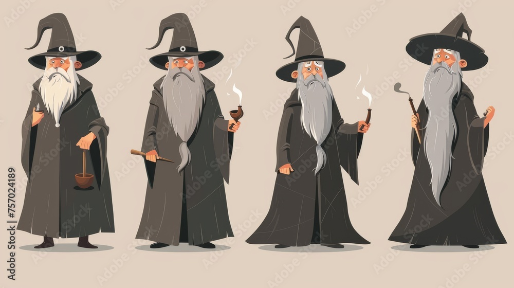 Modern cartoon illustration showing three old wizard characters ...