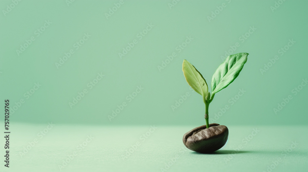 Minimal spring background with one single coffe bean on a pastel green ...