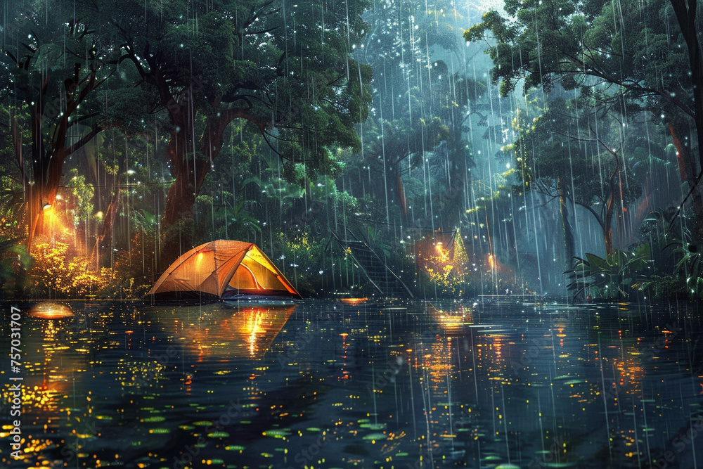 Magical campsite in a rainforest with glowing lights and a tent ...