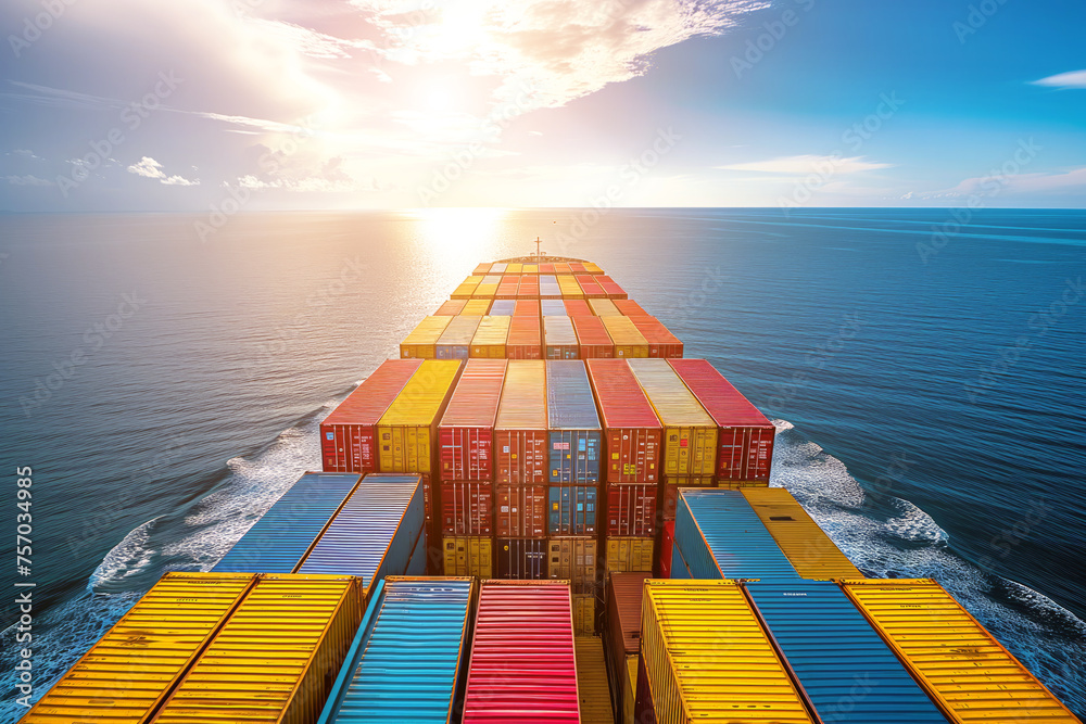 Massive container ship navigates through water surface. Sheer size and ...