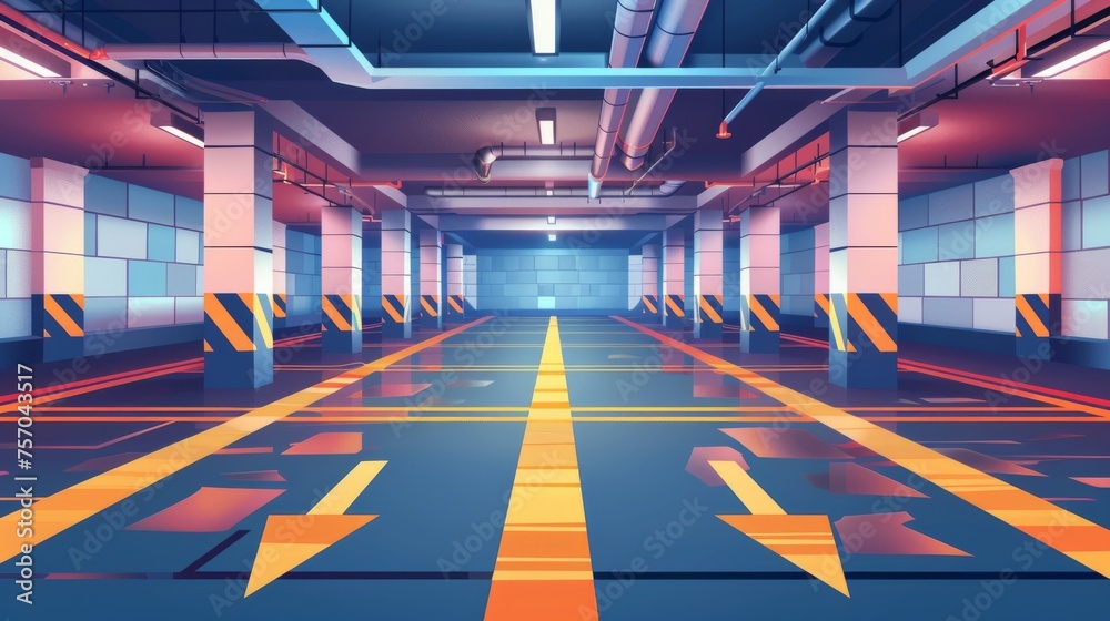 A cartoon illustration of an empty public basement parking lot with ...