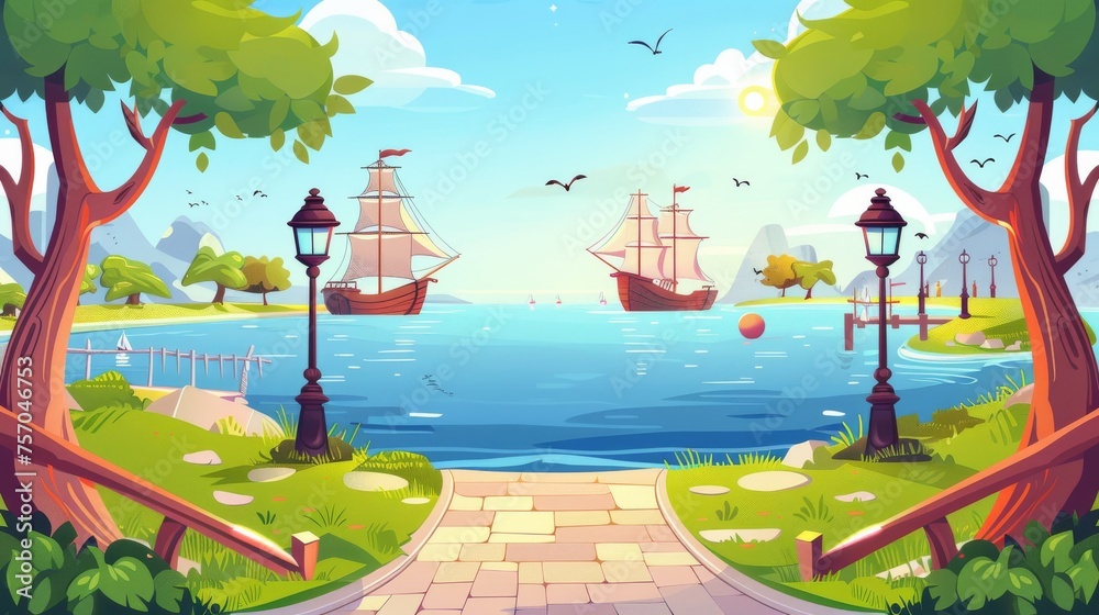 An animated seascape with ships on the water, a city park with a lake ...