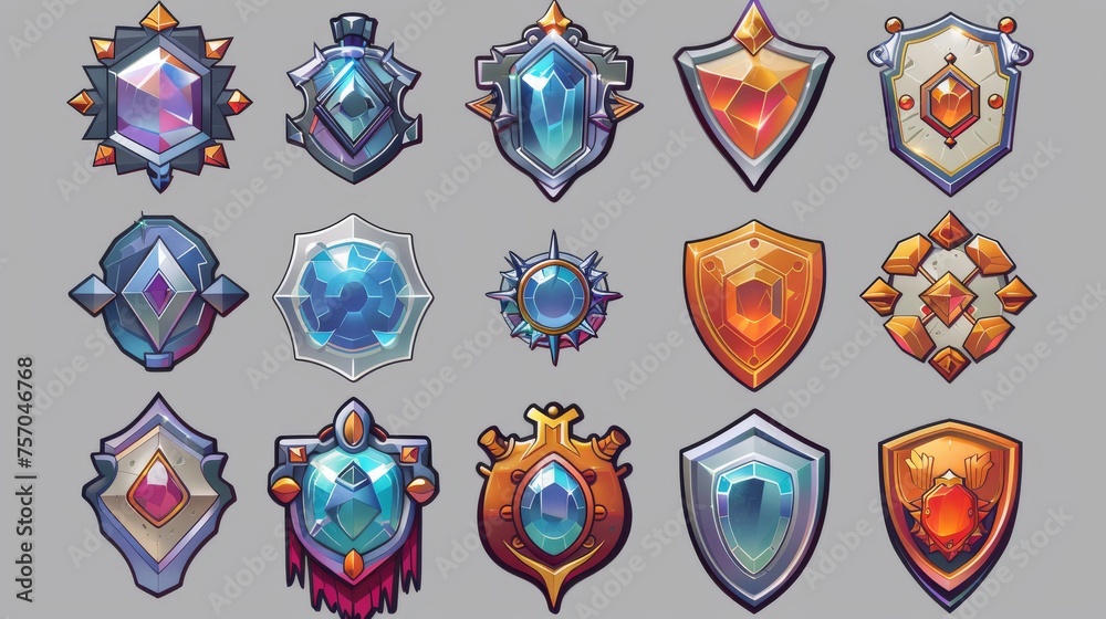 Jewelry and treasure emblems with diamonds for level ranking in games ...