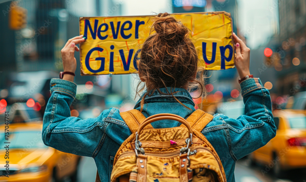 Person holding up a handmade sign with the inspirational slogan Never ...