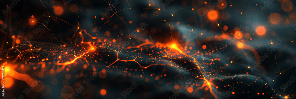 3D render of glowing network connections and neural networks on a black ...