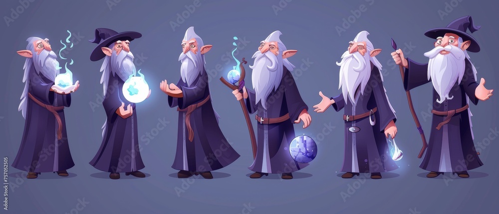 Cartoon modern illustration of various old sorcerer and magician with ...