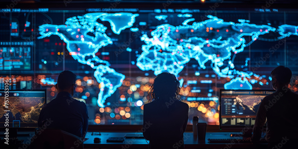 hightech control room with multiple screens displaying realtime global data and maps. Team of ...