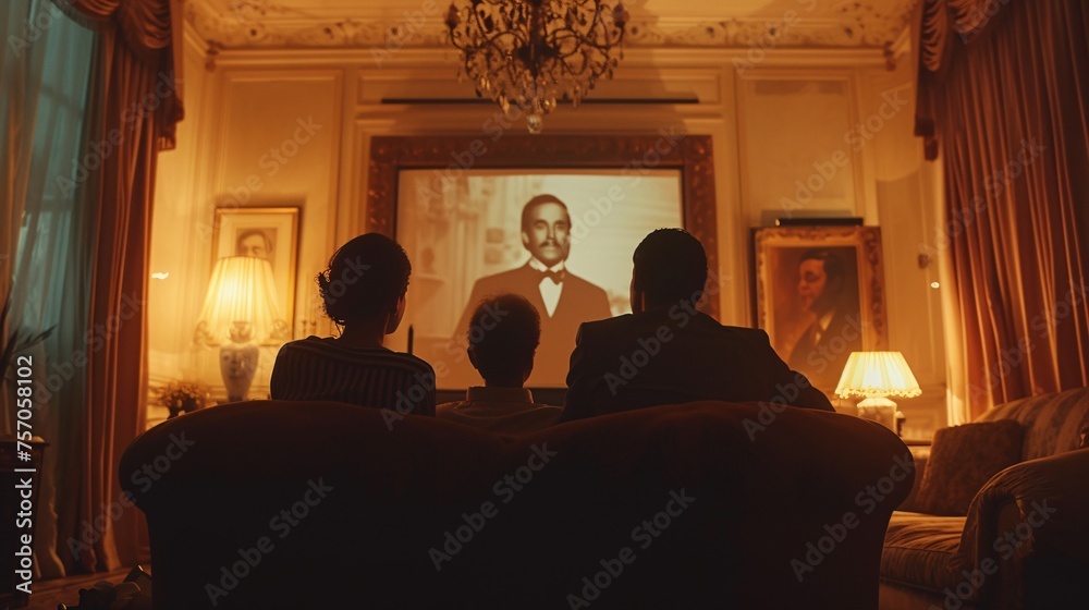 Family movie night, Classic film on projector screen, Multigenerational ...