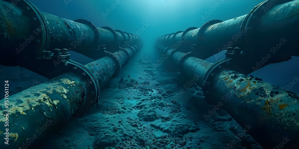 Pipelines carrying oil and gas underwater in the deep sea - Stock photo ...