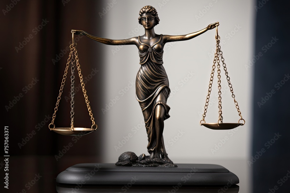 Lady Justice stands solemnly against a backdrop of scales of justice ...
