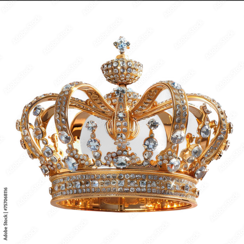 sparkling diamond gold crown, front view, on transparency background ...