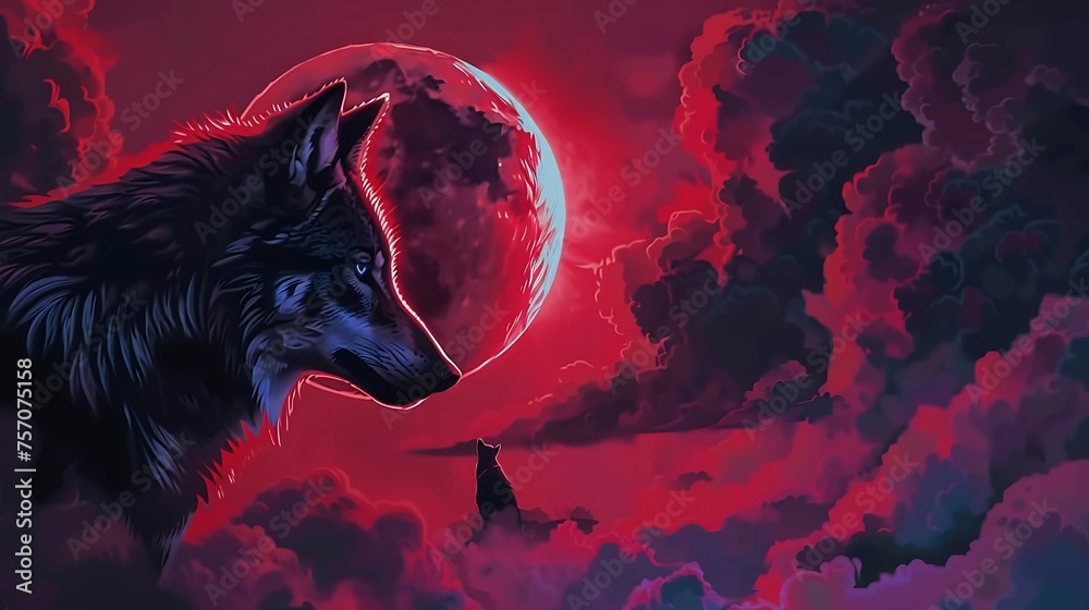 Produce an illustration of a wolf observing a solar eclipse with clouds ...