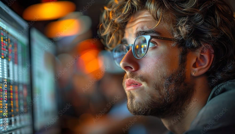 confused young worker reviewing spreadsheets on their computer screen ...