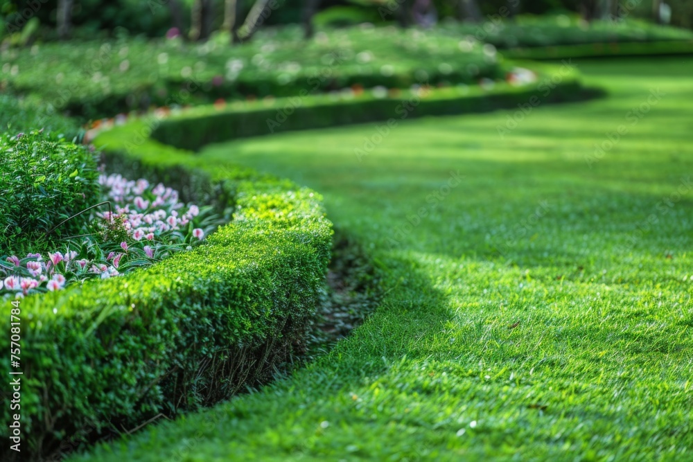 Beautiful manicured lawn and flowerbed with deciduous shrubs on plot or ...