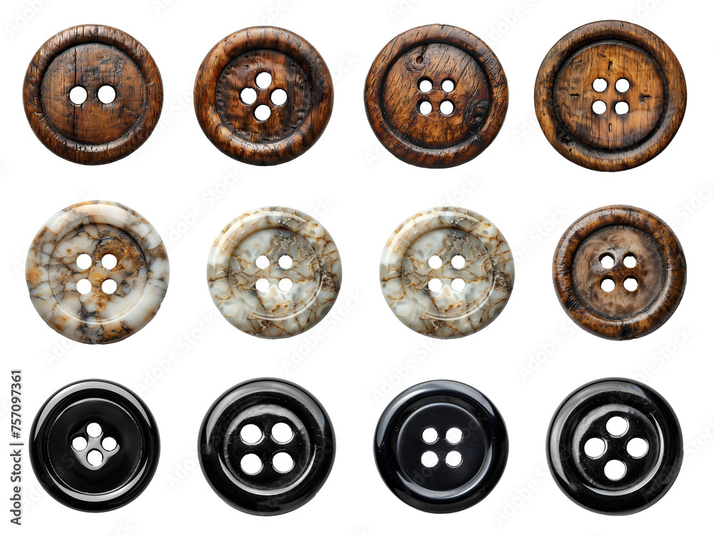 Wooden button set PNG. Bone 4-hole flat button for sewing and crafts ...