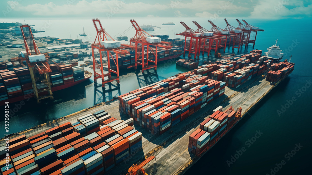 Logistics and transportation of Container Cargo ship with working crane ...