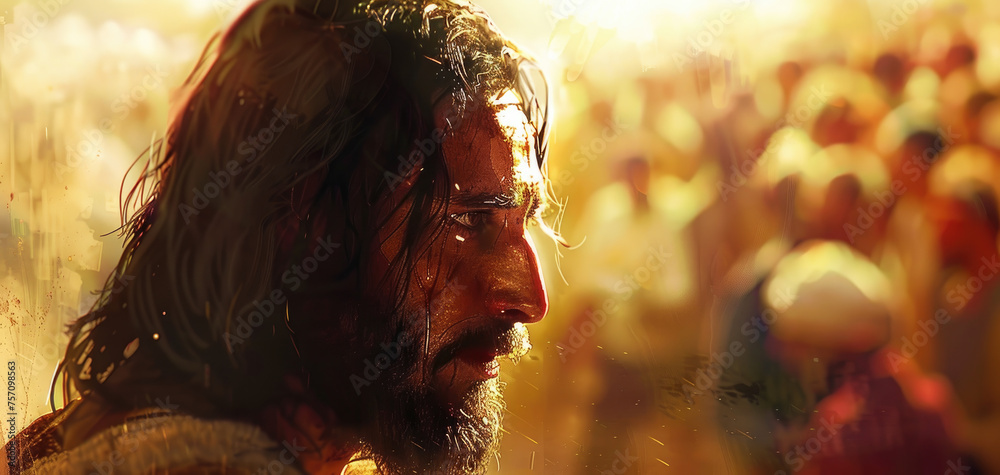 Jesus Christ in white robe, side view, looking at the camera, blurred ...