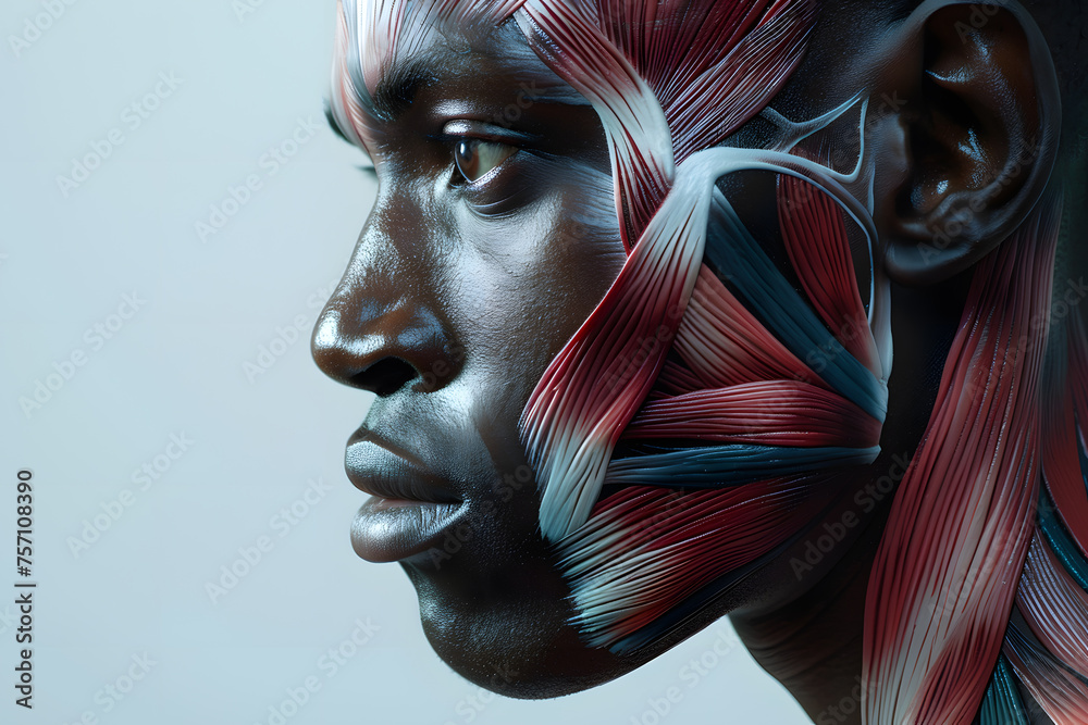 Side view African man closeup face. Human anatomy, skin and muscles ...