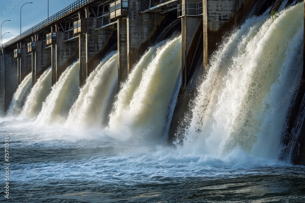 River dam. Falling water at a hydroelectric power station. Stock Photo ...