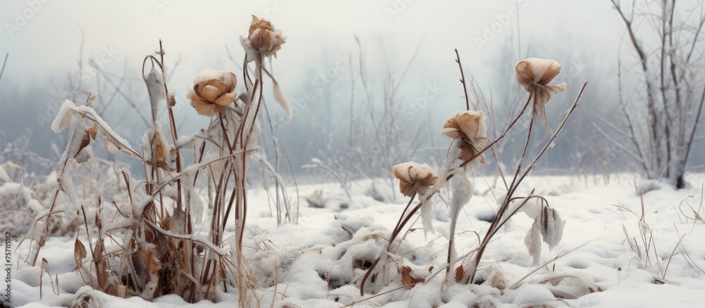 A natural landscape transformed into a winter wonderland, with a field ...