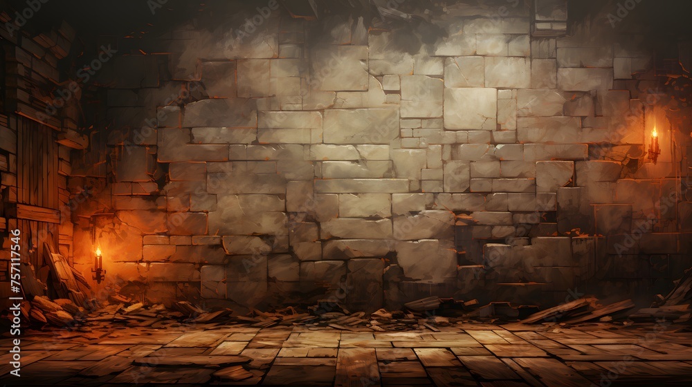 Old stone wall dungeon background, broken stone wall and floor, lit by ...