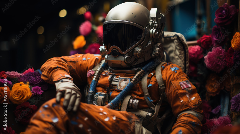 Astronaut poses for a photo shoot with a retro background with flowers ...