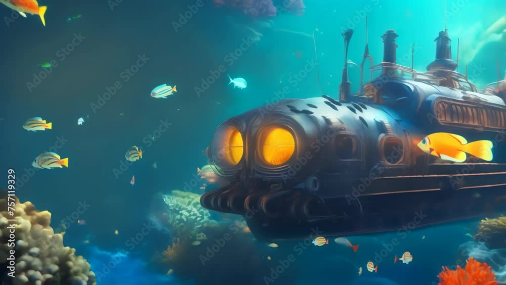 Fantastical steampunk submarine with vibrant lights explores an ...