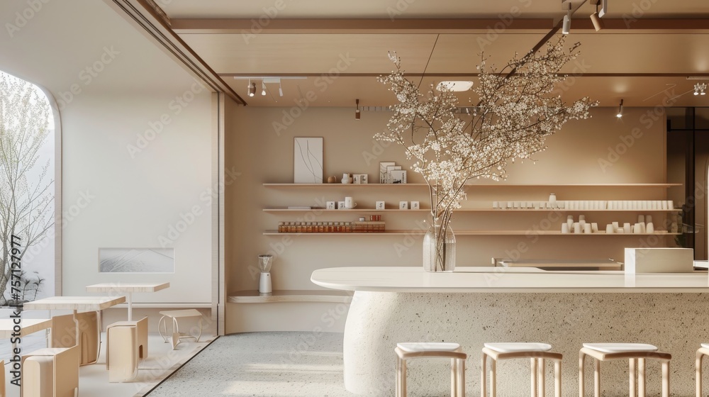 This minimalist cafe design features clean lines and a spring blossom ...