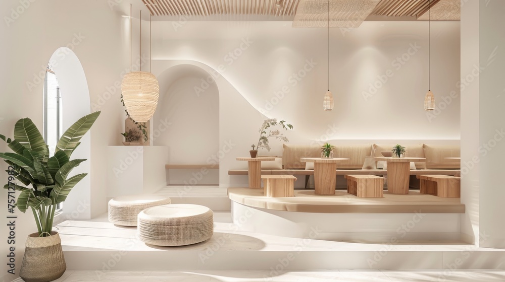 A Zen-inspired cafe interior with flowing curves, natural wood accents ...