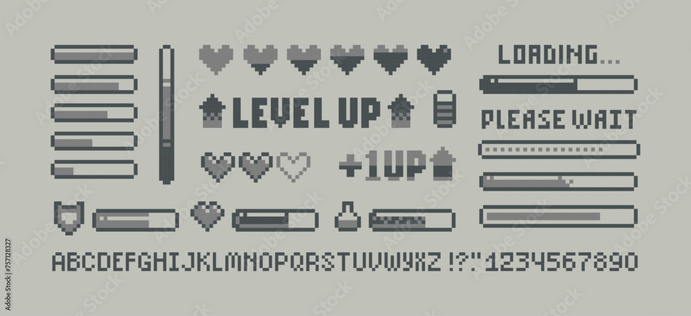 Retro 8-bit game loading progress bar pixel elements set with health ...