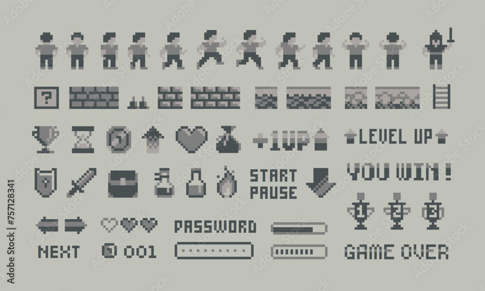 Retro 8-bit Game icons and elements for arcade design. Pixel character ...