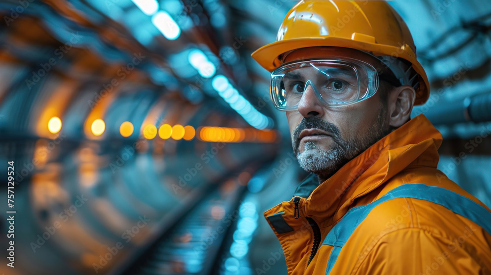 Engineer wearing safety underground construction supervisor checking ...