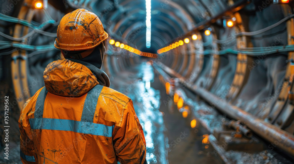 Engineer wearing safety underground construction supervisor checking ...
