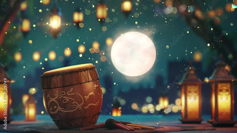 mosque drums in ramadan theme with arabic lanterns and moonlight ...