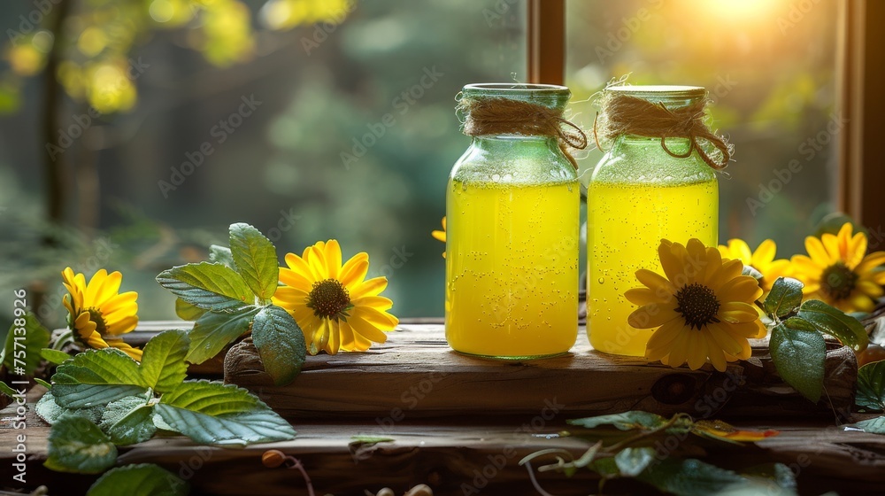 two mason jars filled with yellow liquid sitting on a window sill with ...