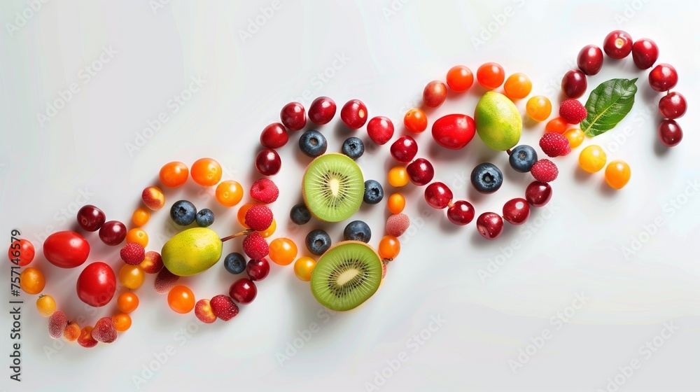 Poster Colorful fruits and berries meticulously placed to form a double ...