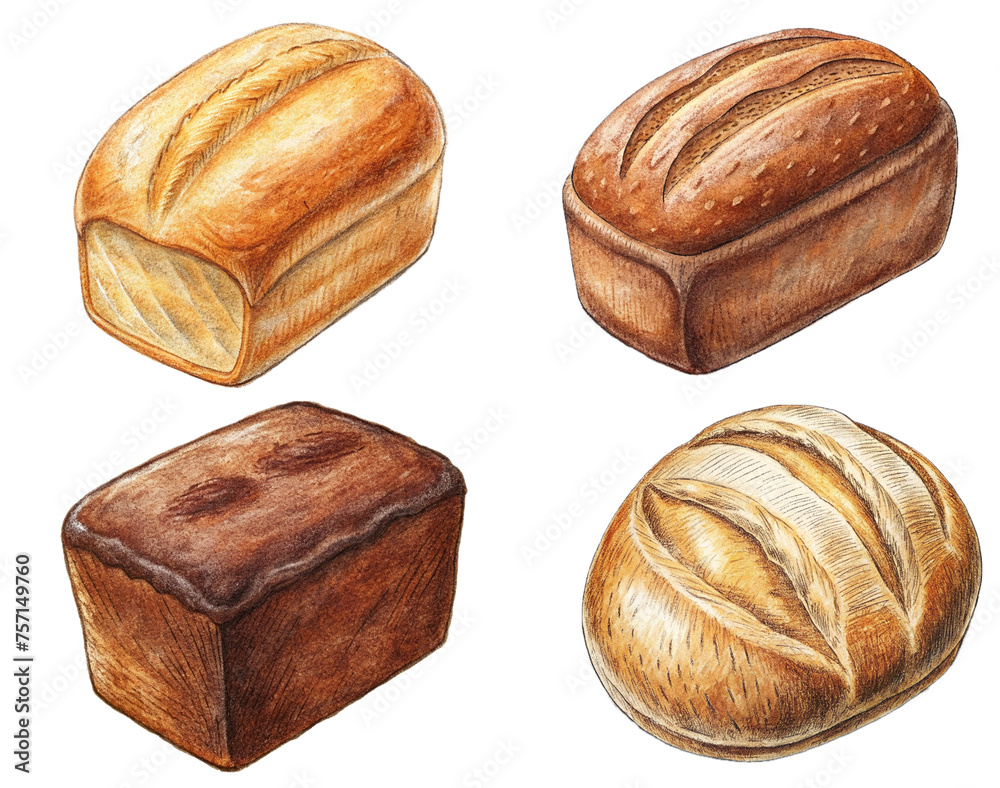 Set of bakery loaf of bread baked collection and various types of bread ...