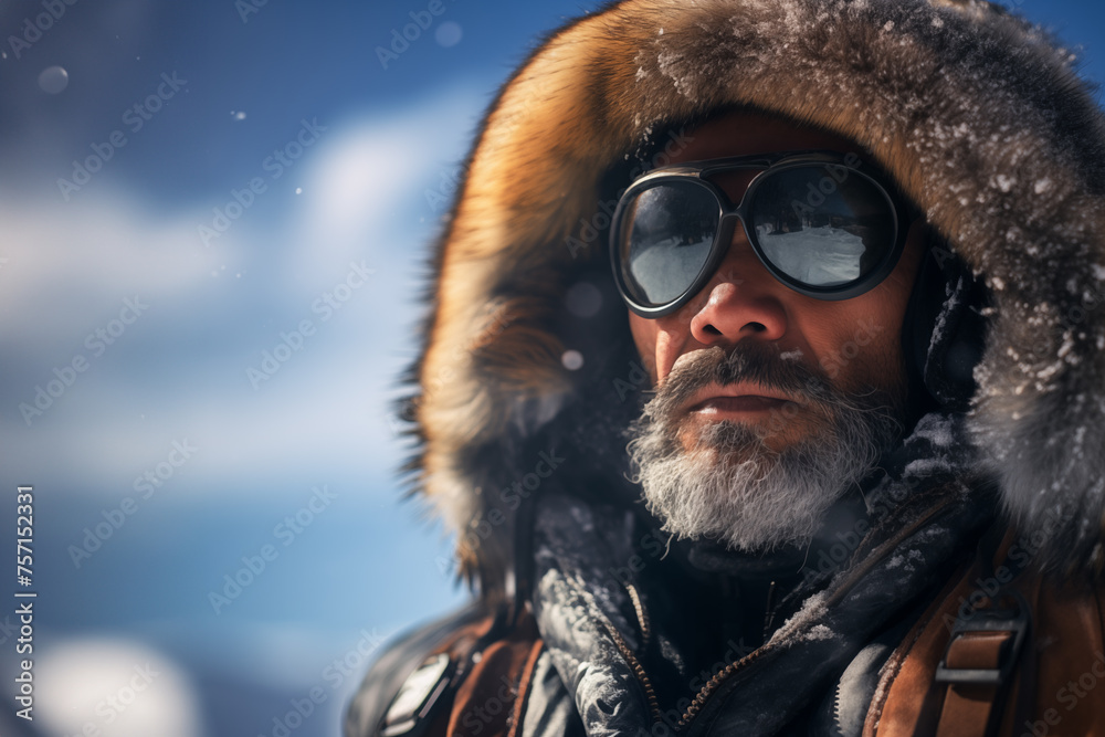 Portrait of an adventurous explorer man warmly dressed and wearing ...