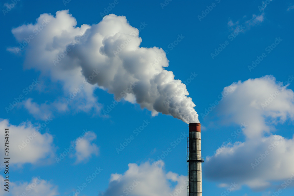 A tall industrial chimney spews dust-polluted air into a clear blue sky ...